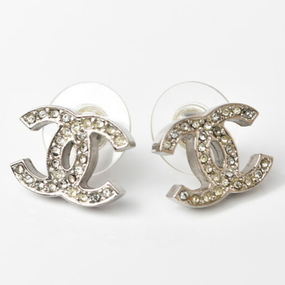 CHANEL | Jewelry | Chanel Earrings Cc Mark Rhinestone Silver | Poshmark